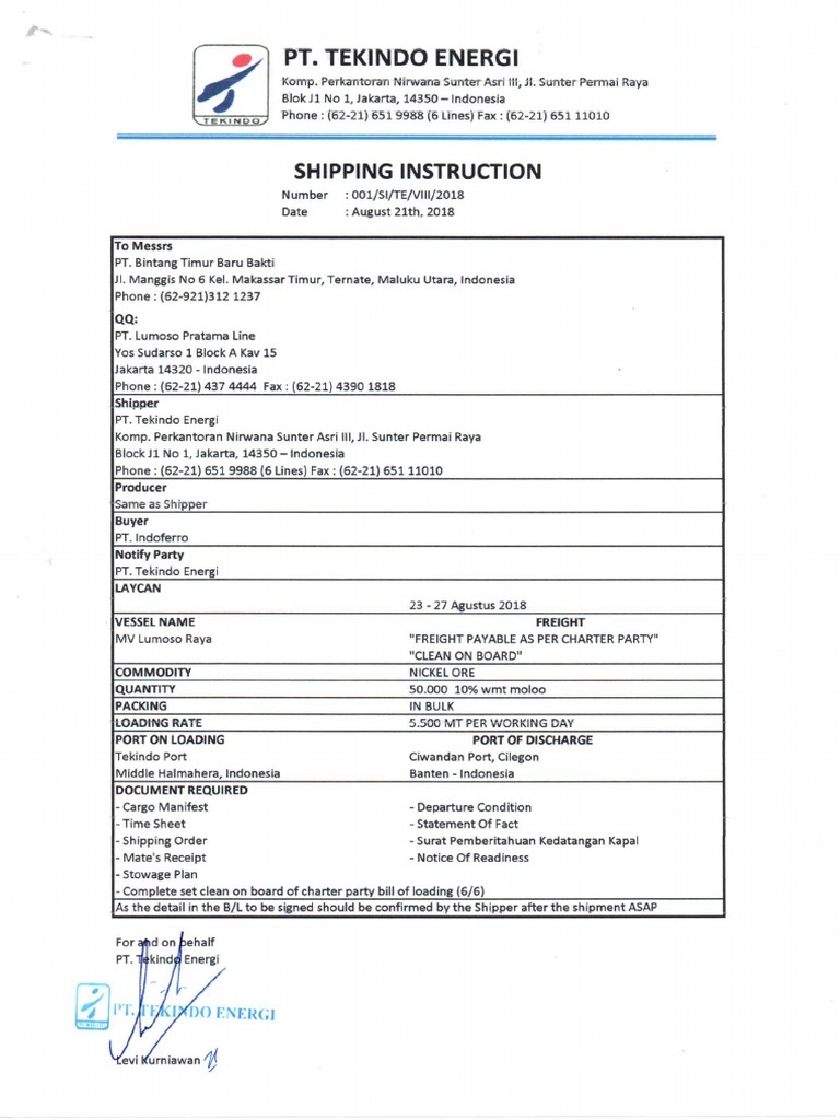 Shipping Instruction MV. LUMOSO RAYA | PDF