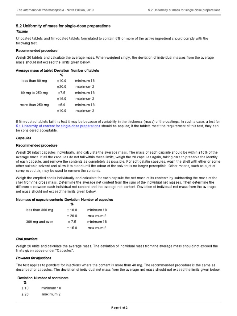 Mass Uniformity Tests for Tablets and Capsules | PDF | Tablet (Pharmacy ...