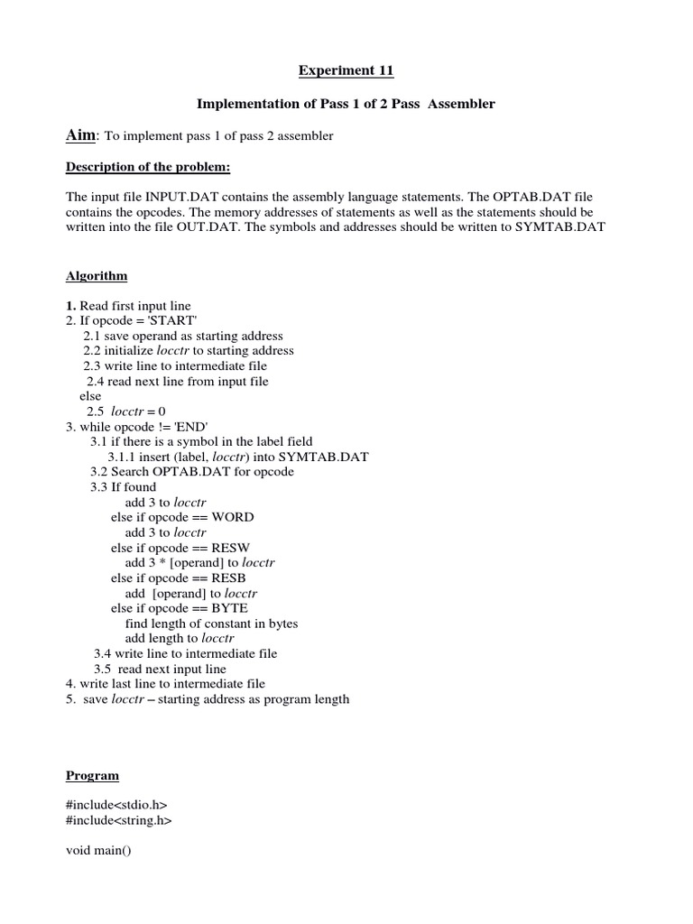 Experiment 11 Implementation Of Pass 1 Of 2 Pass Assembler Description Of The Problem Pdf