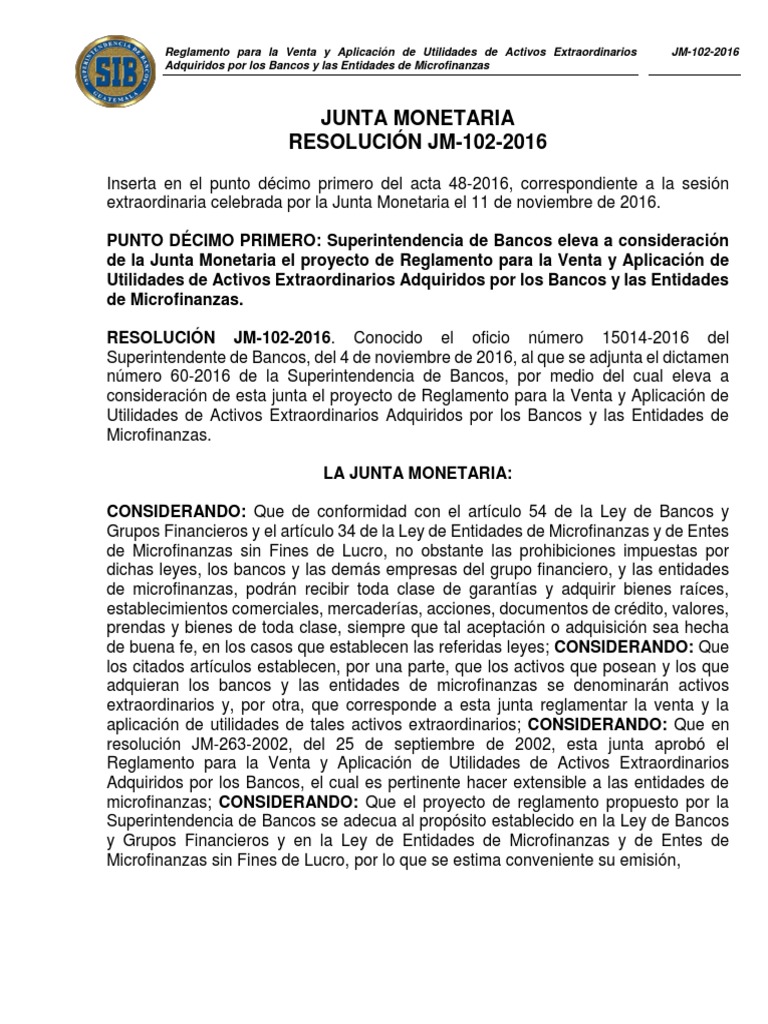 JM 102 2016 Reglamento para La Venta y Aplicación de Utilidades de Act Ext Adquiridos Por Los ...