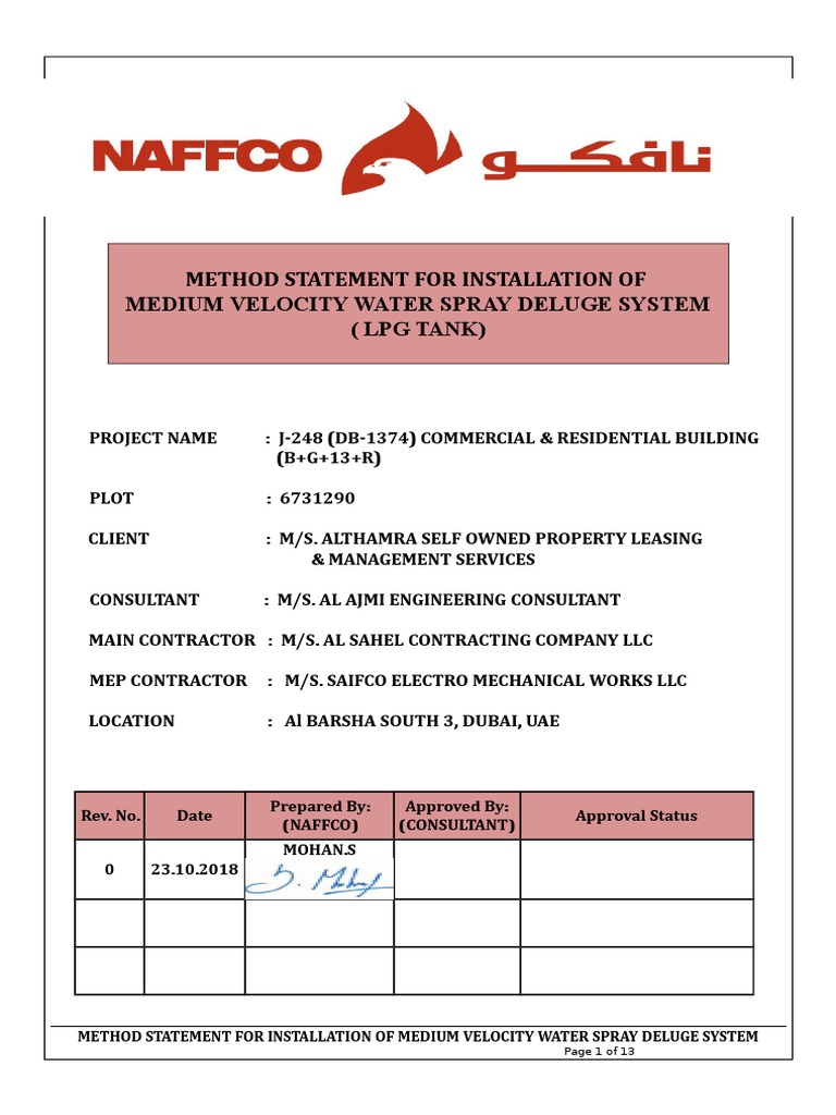 Method Statement For Installation of Water Spray Deluge System - LPG ...