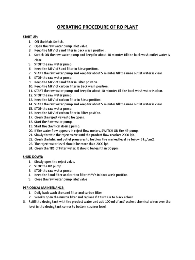 Operating Procedure of Ro Plant | PDF