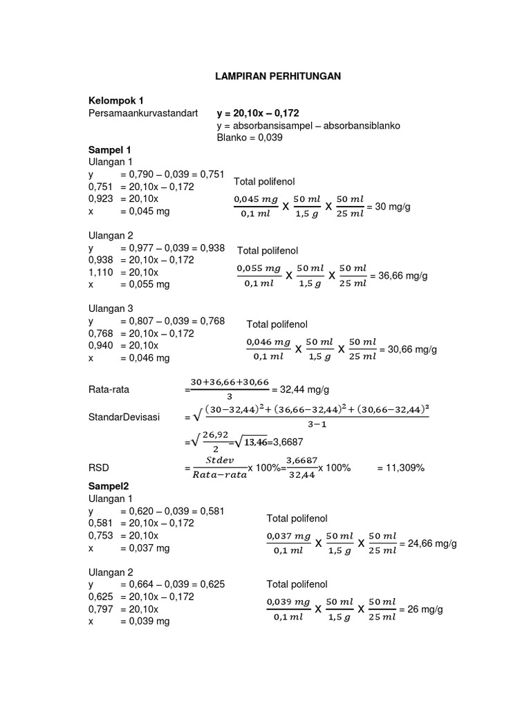 Lampiran Perhitungan Kelompok 1 y 20,10x - 0,172 | PDF