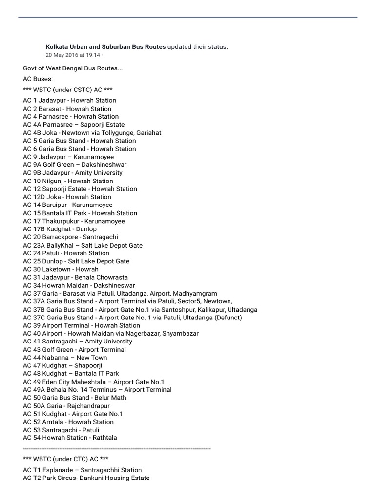 WBTC Bus Routes | PDF | Kolkata | Road Transport