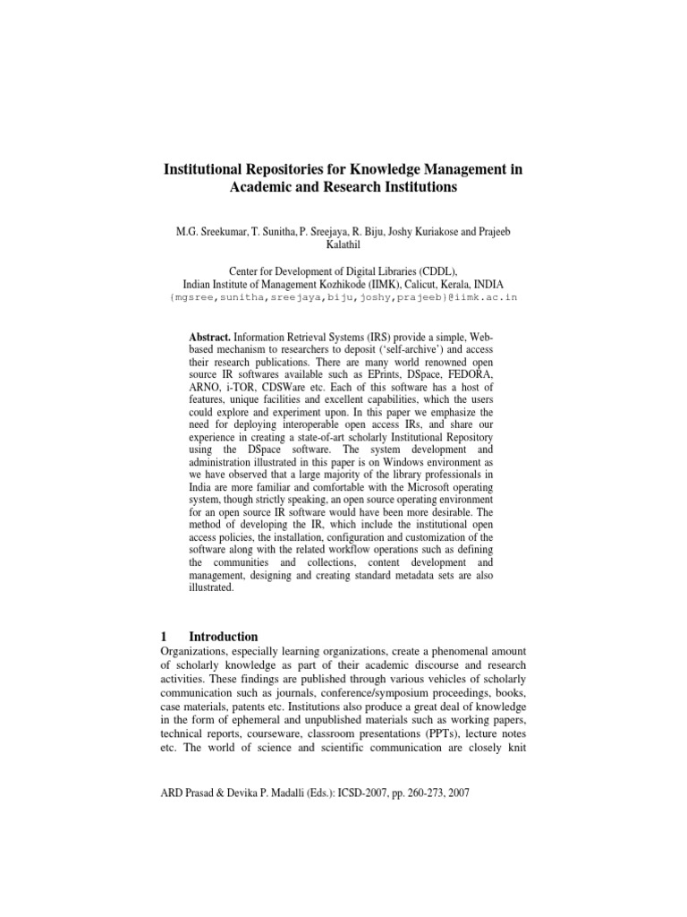 Institutional Repositories For Knowledge Management in Academic and ...