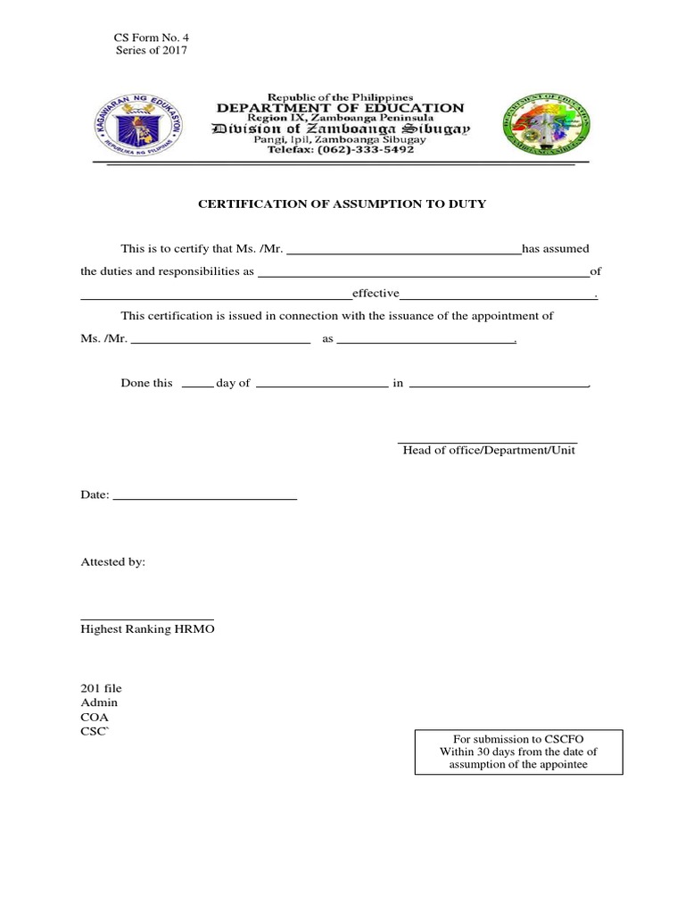 Certification of Assumption To Duty: CS Form No. 4 Series of 2017 | PDF