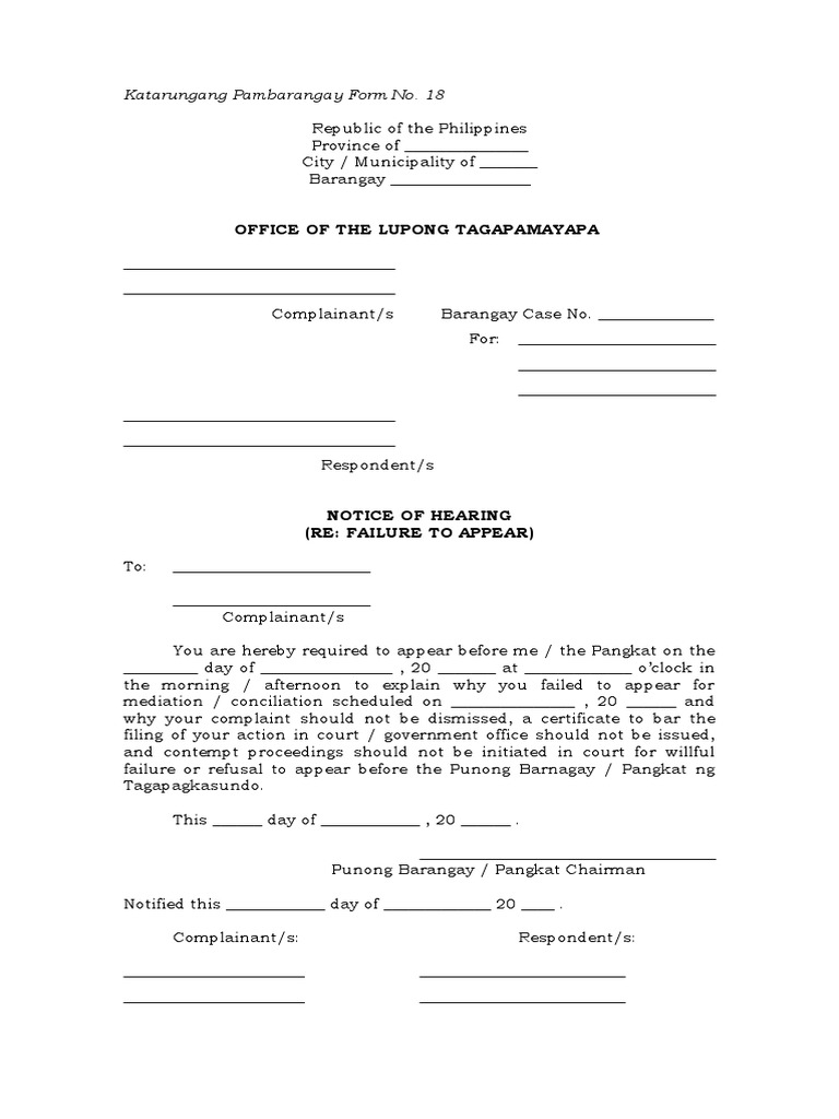 Katarungang Pambarangay Form No. 18: Office of The Lupong Tagapamayapa ...