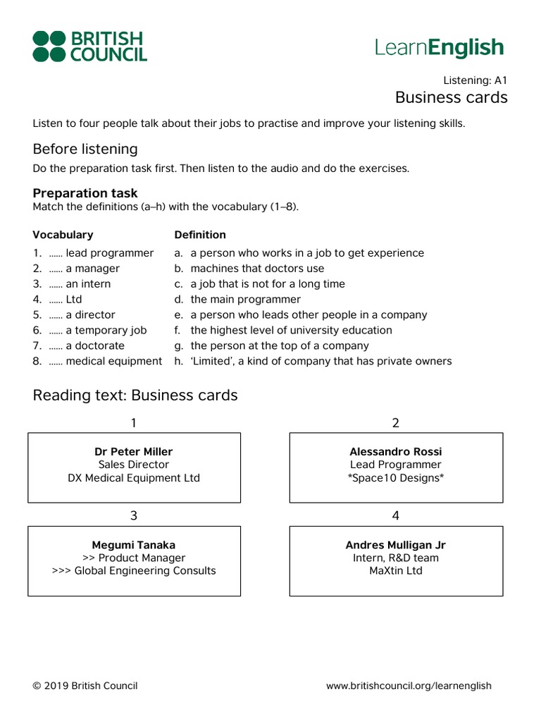 LearnEnglish Listening A1 Business Cards | PDF | Cognition | Learning