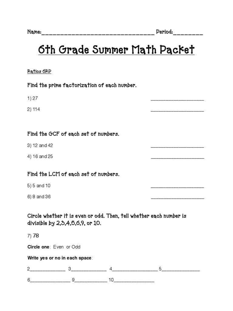 6th Grade Summer Math Packet: Ratios 6RP | PDF | Numbers | Area