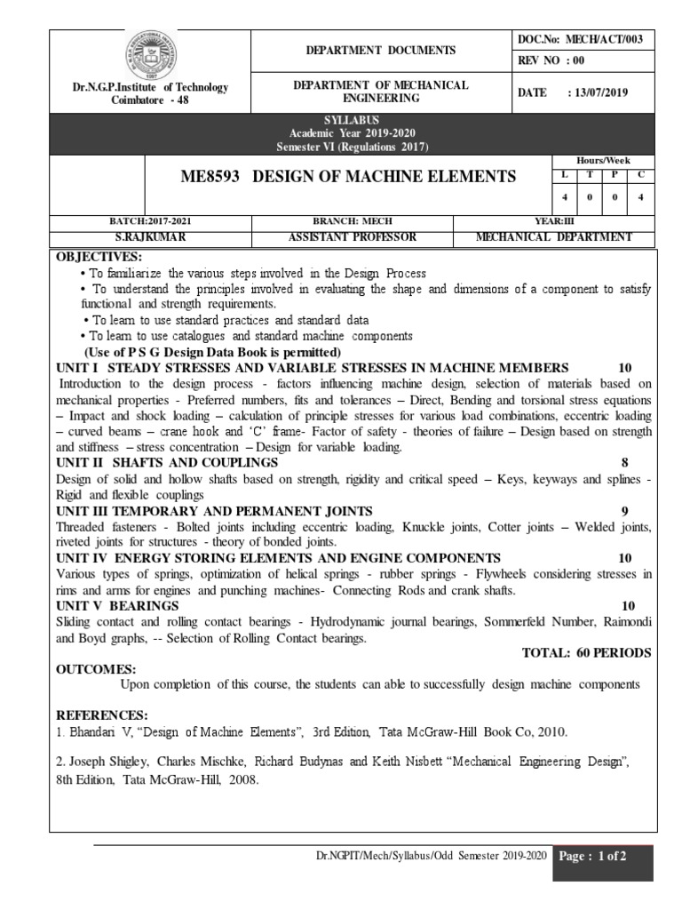 Machine Elements Design Syllabus | PDF | Strength Of Materials | Stiffness