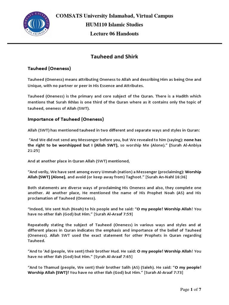 HUM110 Handouts Lecture06 PDF | Download Free PDF | God In Islam | Tawhid