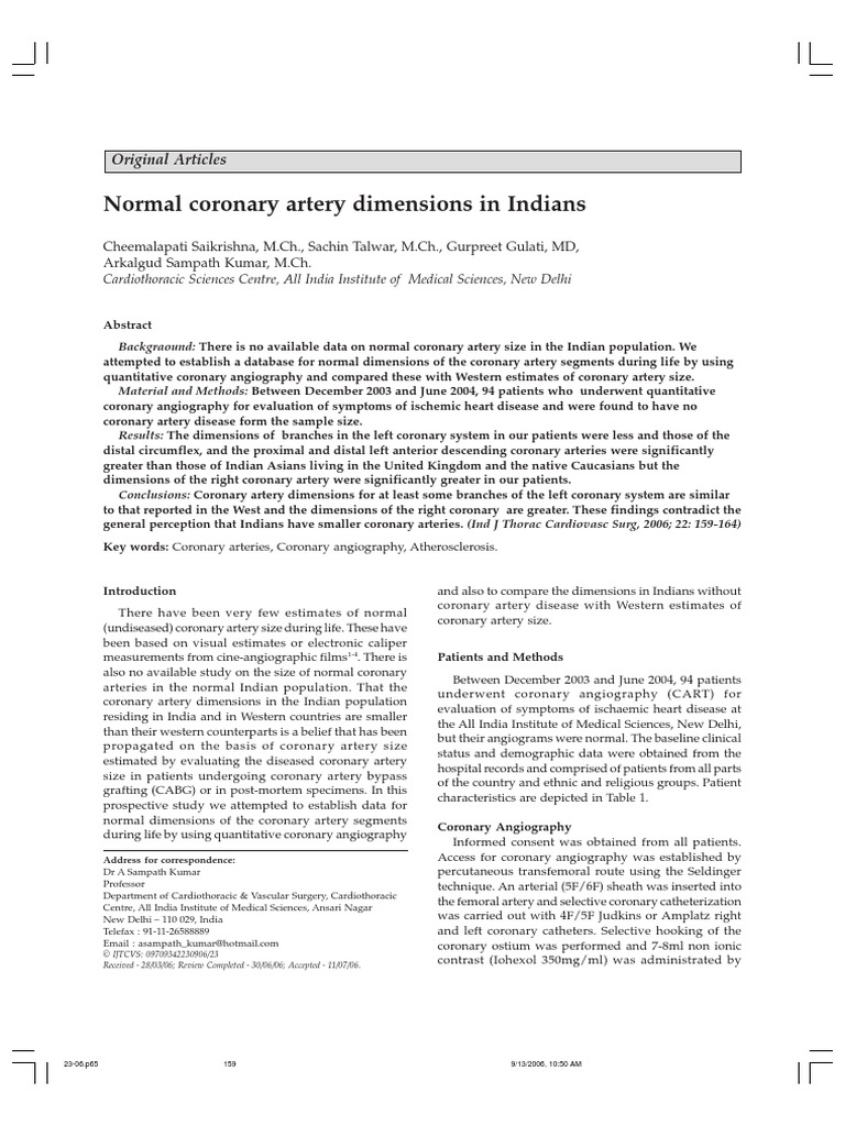 Normal Coronary Artery Dimensions in Indians | PDF | Coronary ...
