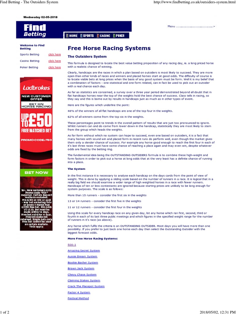 Free Horse Racing Systems: The Outsiders System | PDF | Handicapping | Odds