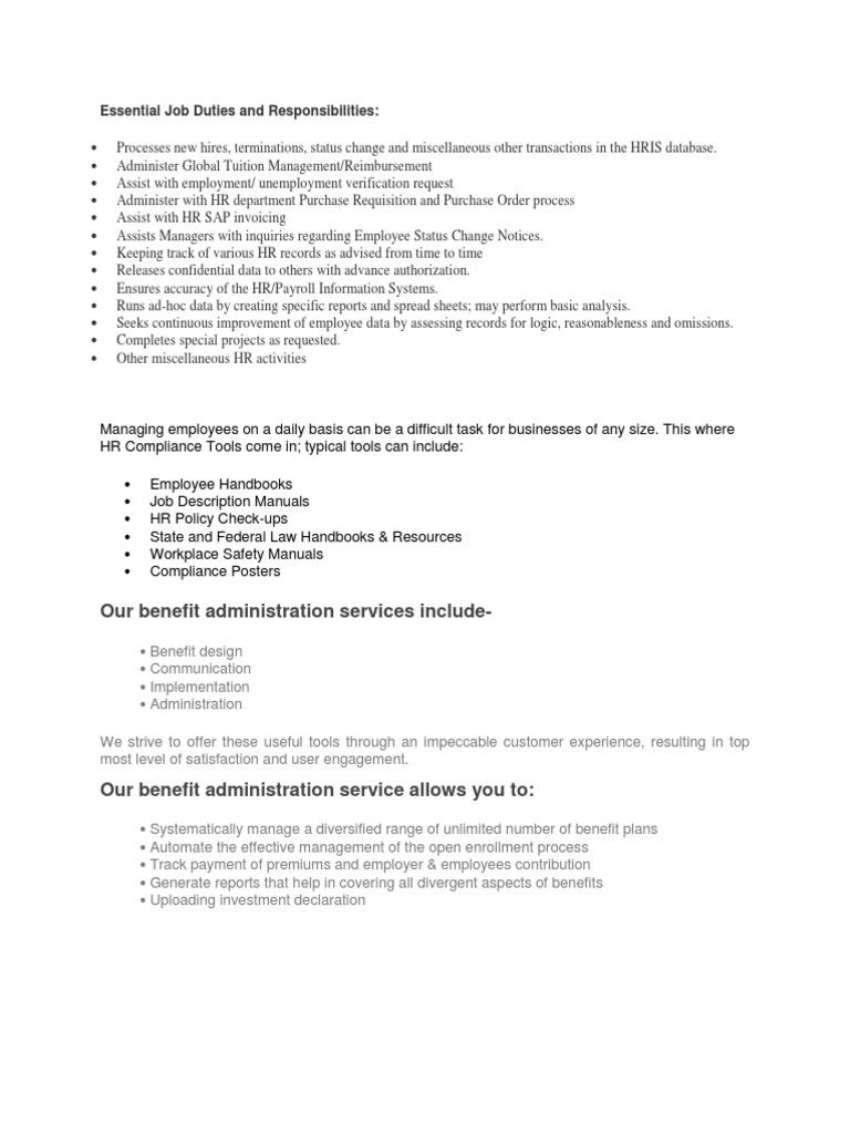HR Essential Duties Overview | PDF