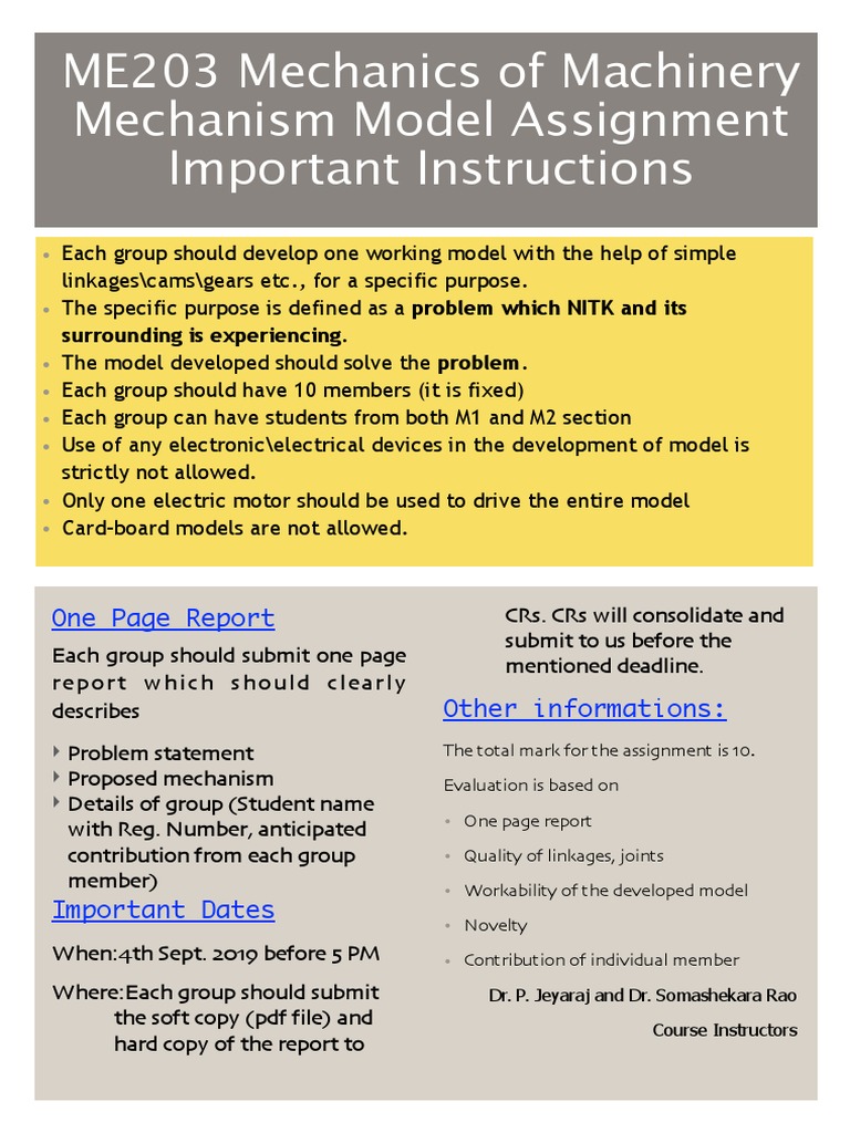 ME203 Mechanics of Machinery Mechanism Model Assignment Important ...