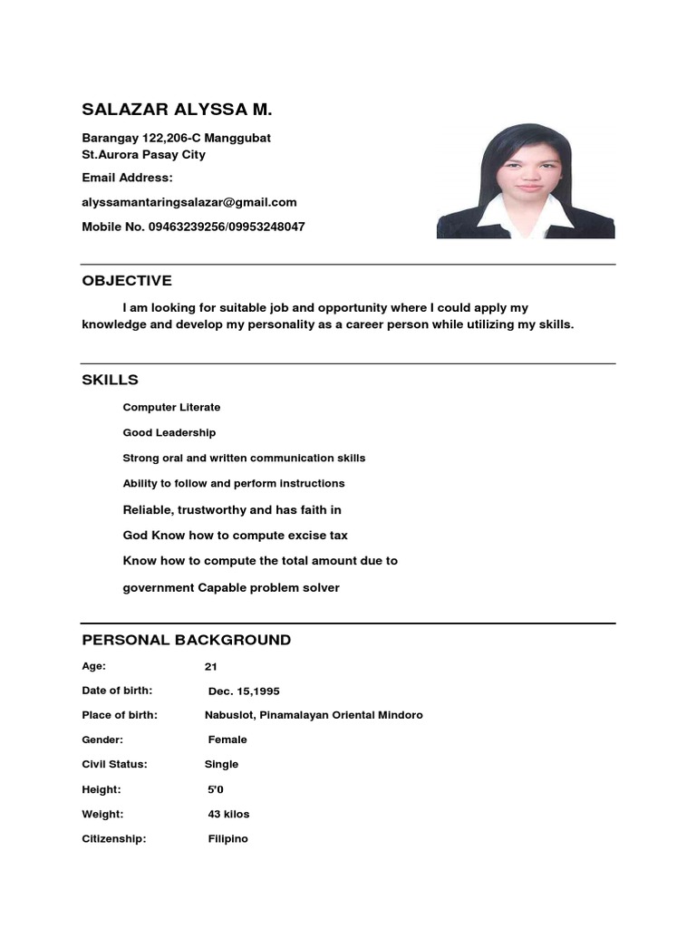 SALAZAR ALYSSA M Resume | PDF