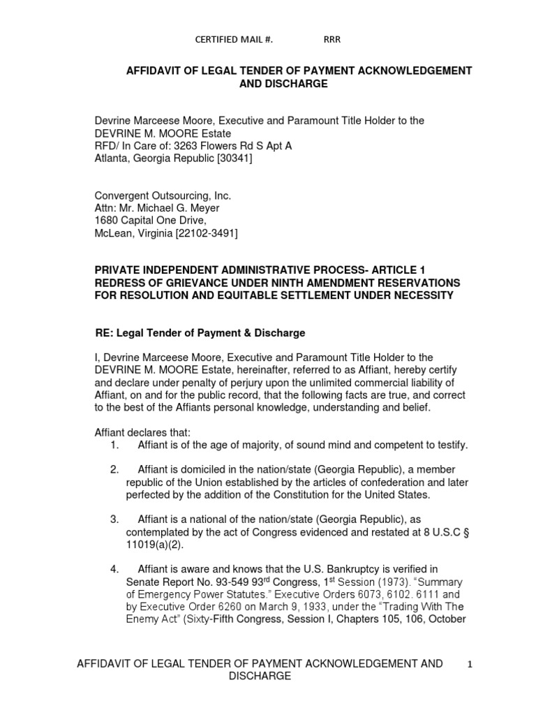 ?AFFIDAVIT OF LEGAL TENDER OF PAYMENT ACKNOWLEDGEMENT 6:18:19 | Legal ...