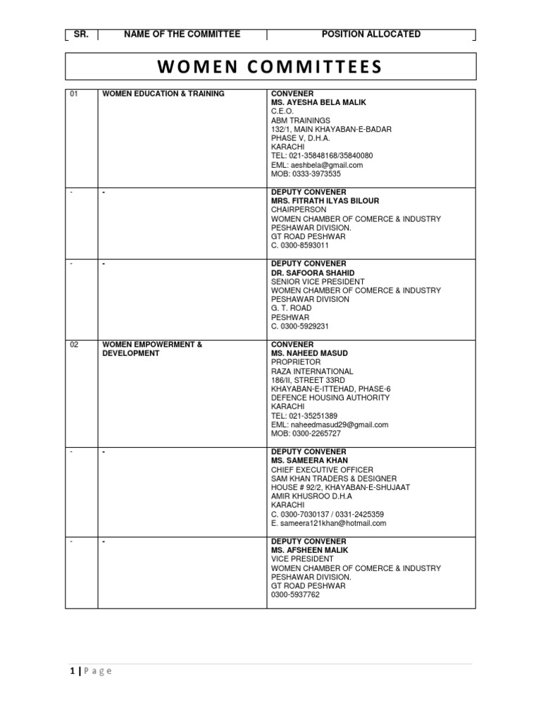 Women Committees: SR. Name of The Committee Position Allocated | PDF ...