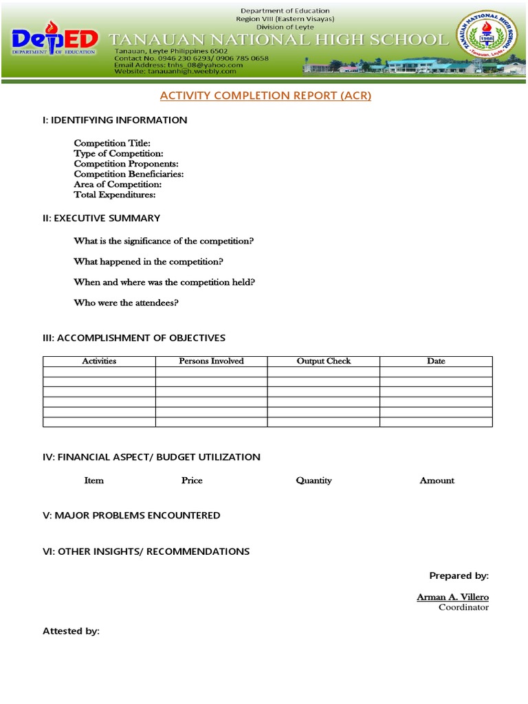 Activity Completion Report (Acr) : I: Identifying Information | PDF