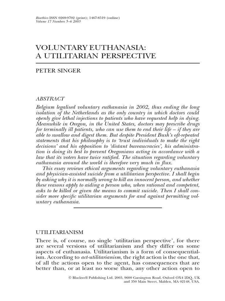 P.singer - Voluntary Euthanasia A Utilitarian Perspective | PDF ...