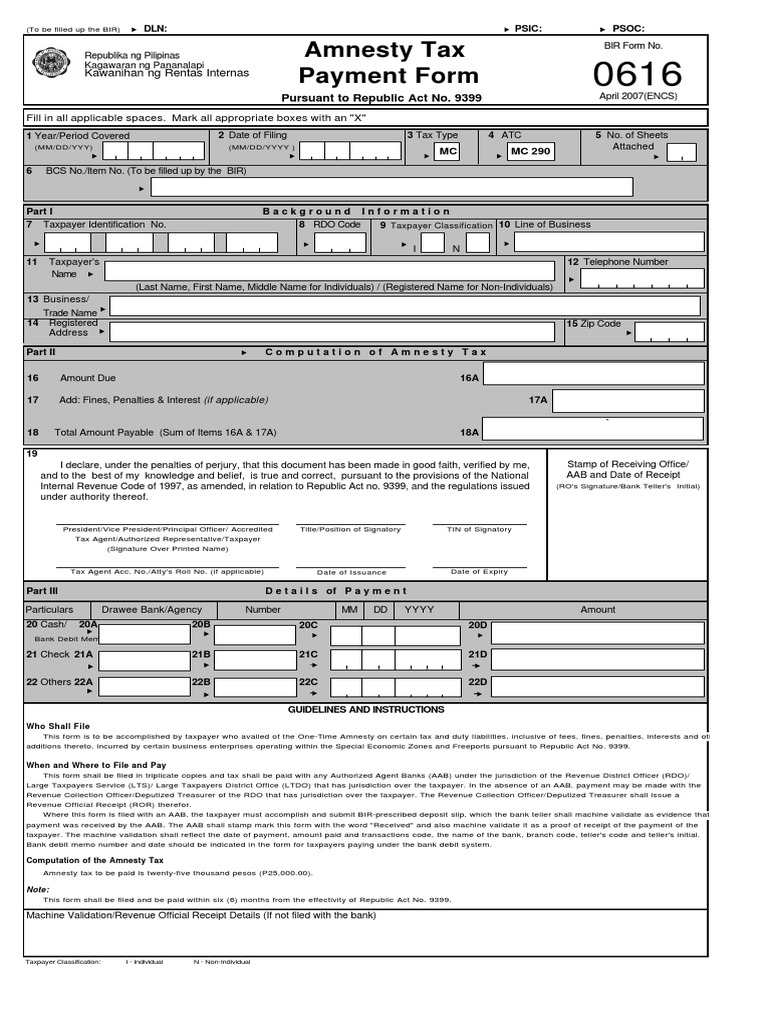 BIR Form 0616 Amnesty Tax Payment Form PDF | PDF | Taxpayer | Payments