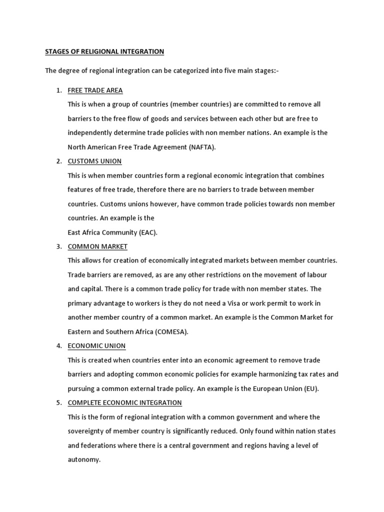 Stages of Regional Integration Explained | PDF | Regional Integration ...