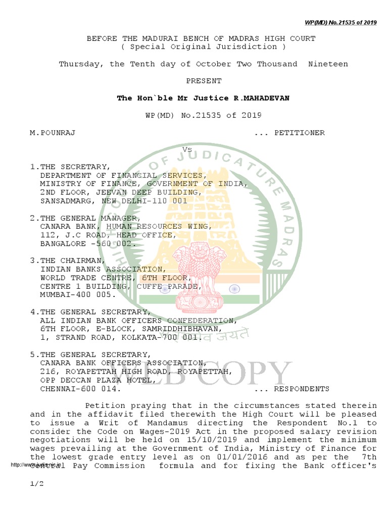 The Hon'ble MR Justice R.MAHADEVAN: WP (MD) No.21535 of 2019 | PDF ...