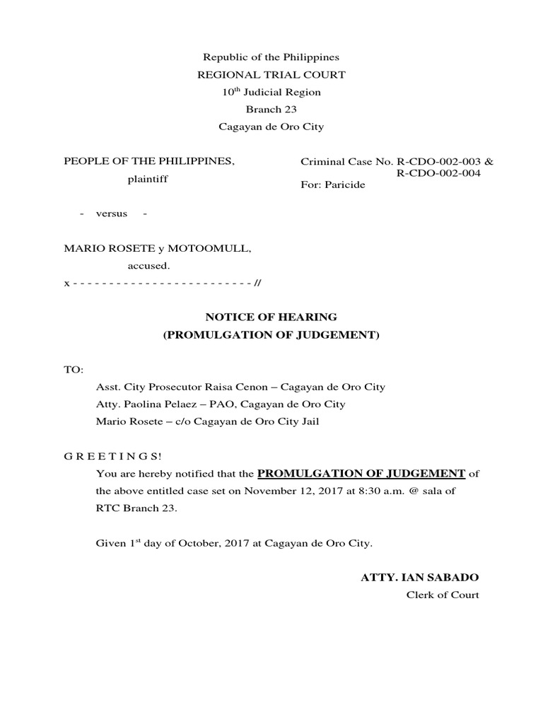 Notice of Hearing (Promulgation of Judgement) | PDF