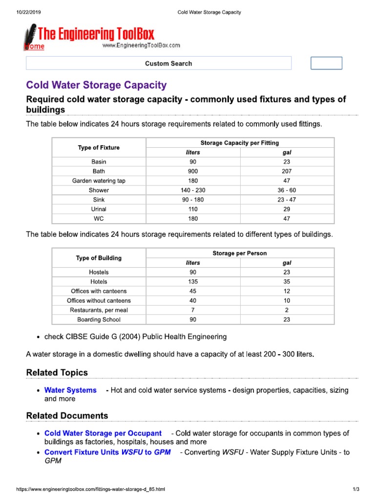 Cold Water Storage Capacity | PDF