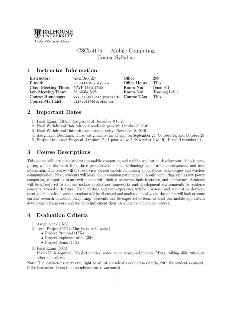 CSCI-4176 - Mobile Computing Course Syllabus 1 Instructor Information | PDF | Mobile Phones ...