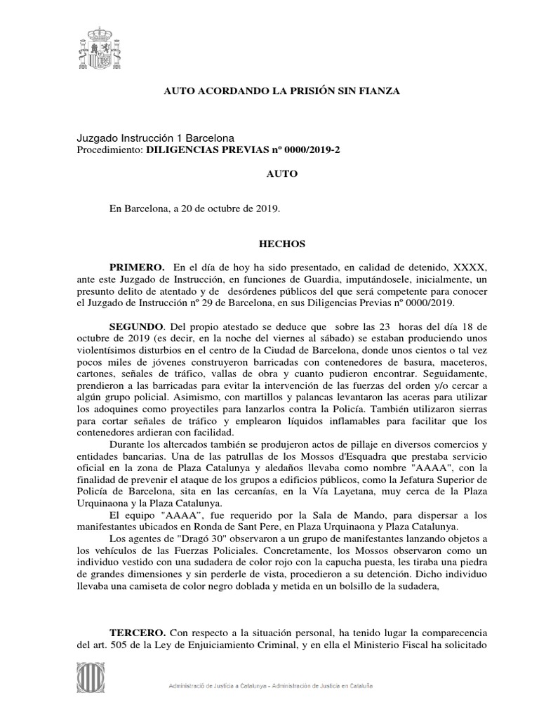 Auto prisión provisional sin fianza Juzgado Instrucción 1 Barcelona | Derecho penal | Castigos