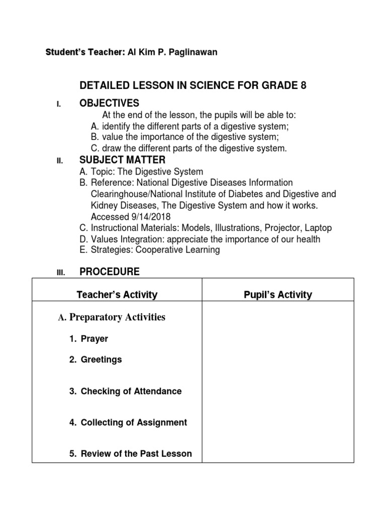Detailed Lesson in Science For Grade 8: Objectives | PDF | Human ...