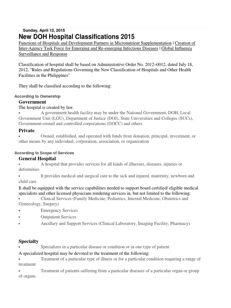 New DOH Hospital Classifications 2015: Government | PDF | Specialty ...