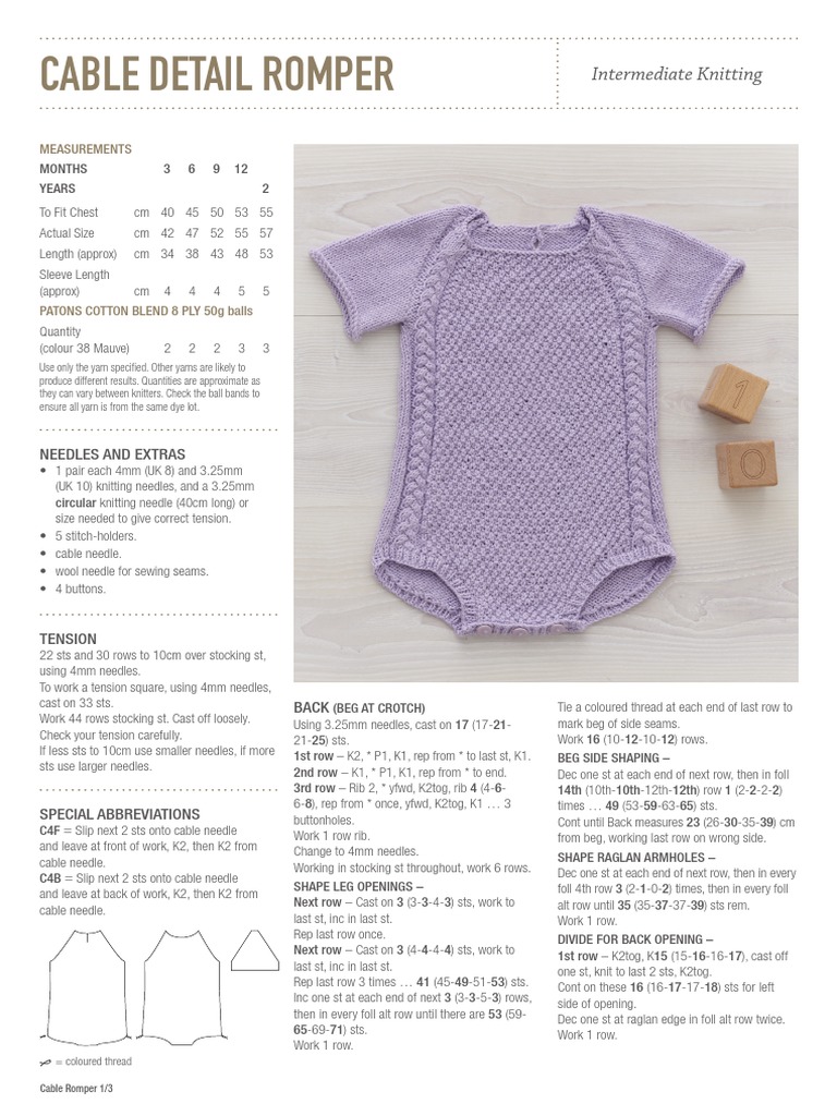 Cable Romper Web Pattern FA | PDF | Knitting | Yarn