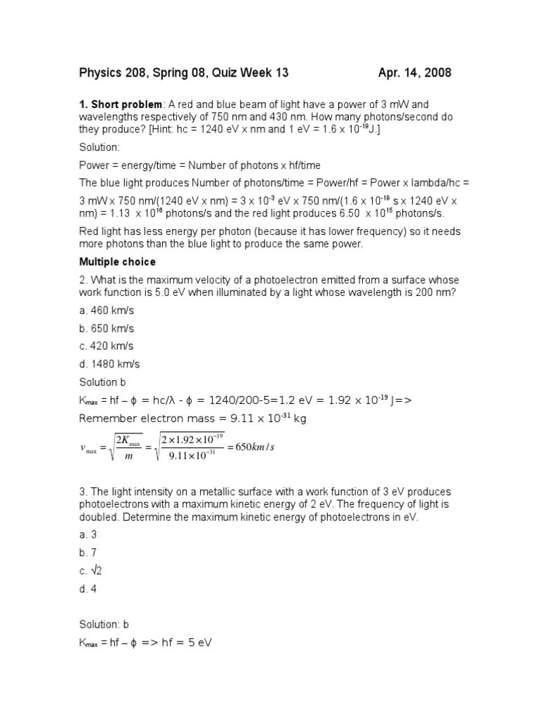 Physics 208, Spring 08, Quiz Week 13 Apr. 14, 2008 | PDF