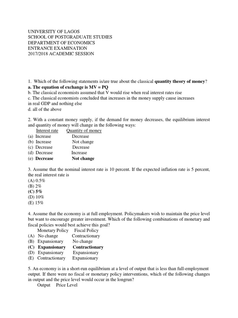 UNILAG POSTGRADUATE ENTRANCE EXAM | PDF | Marginal Cost | Perfect ...