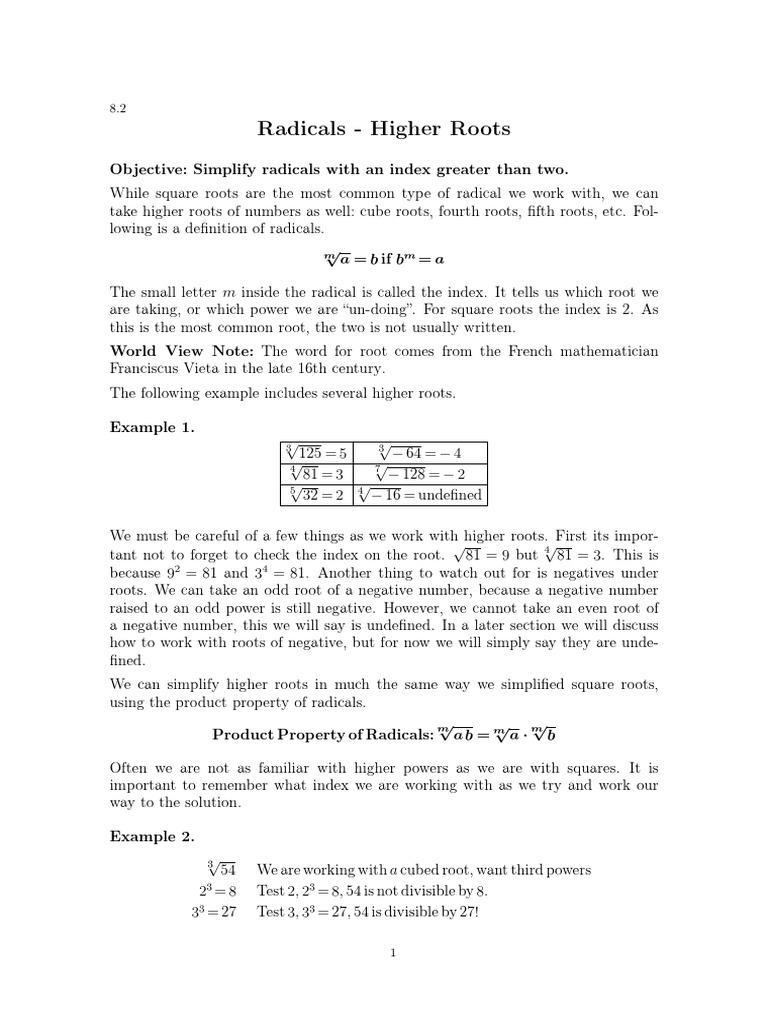 8.2 Higher Roots PDF | PDF | Exponentiation | Mathematical Objects