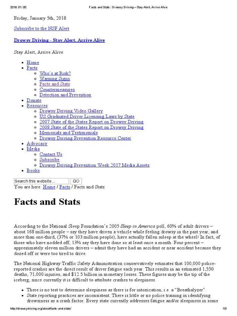 Facts and Stats - Drowsy Driving - Stay Alert, Arrive Alive | PDF ...