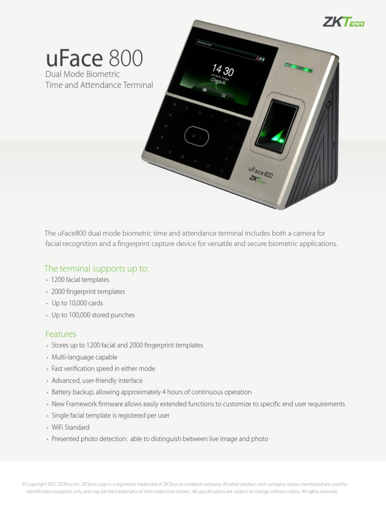 Uface 800: Dual Mode Biometric Time and Attendance Terminal | PDF | Usb ...