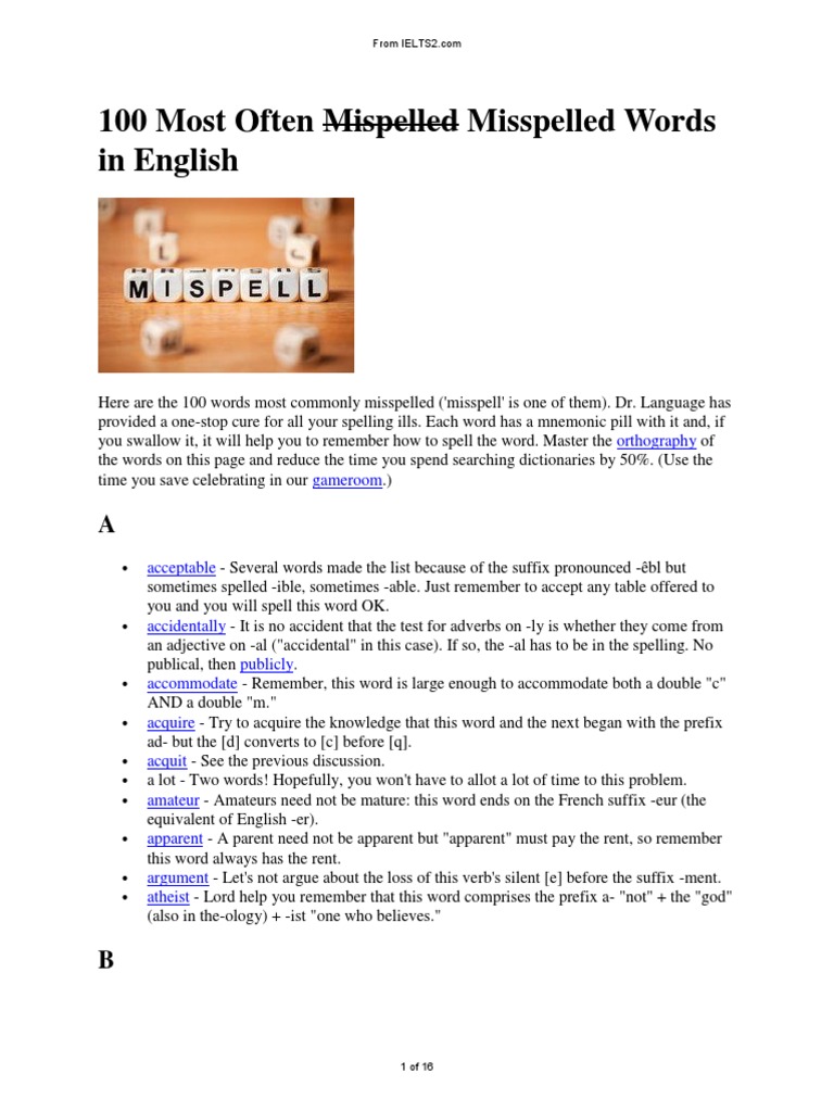 100 Commonly Misspelled Words Guide | PDF | English Language | Syllable