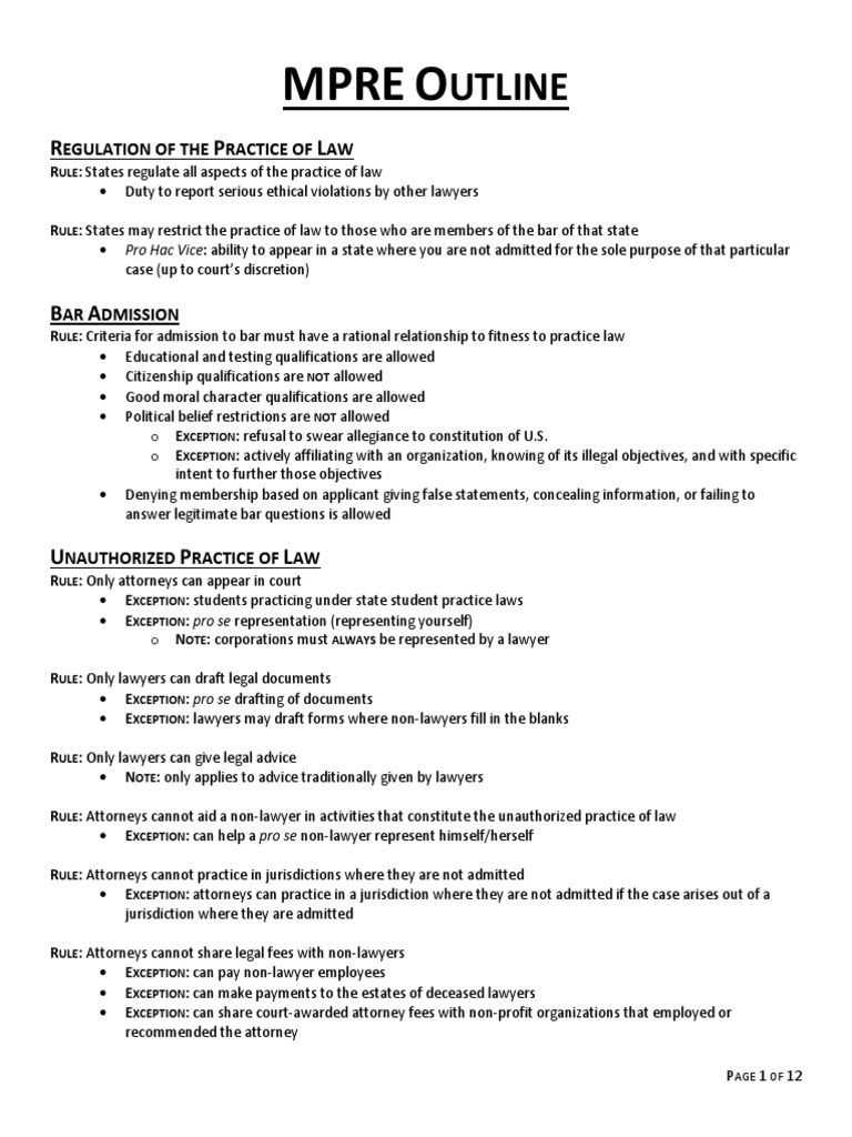 Mpre Outline | PDF | Practice Of Law | Lawyer