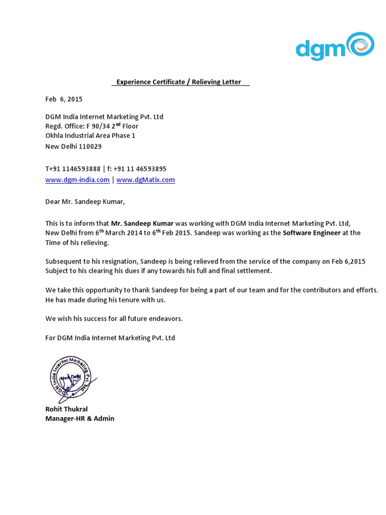 Experience Certificate / Relieving Letter | PDF