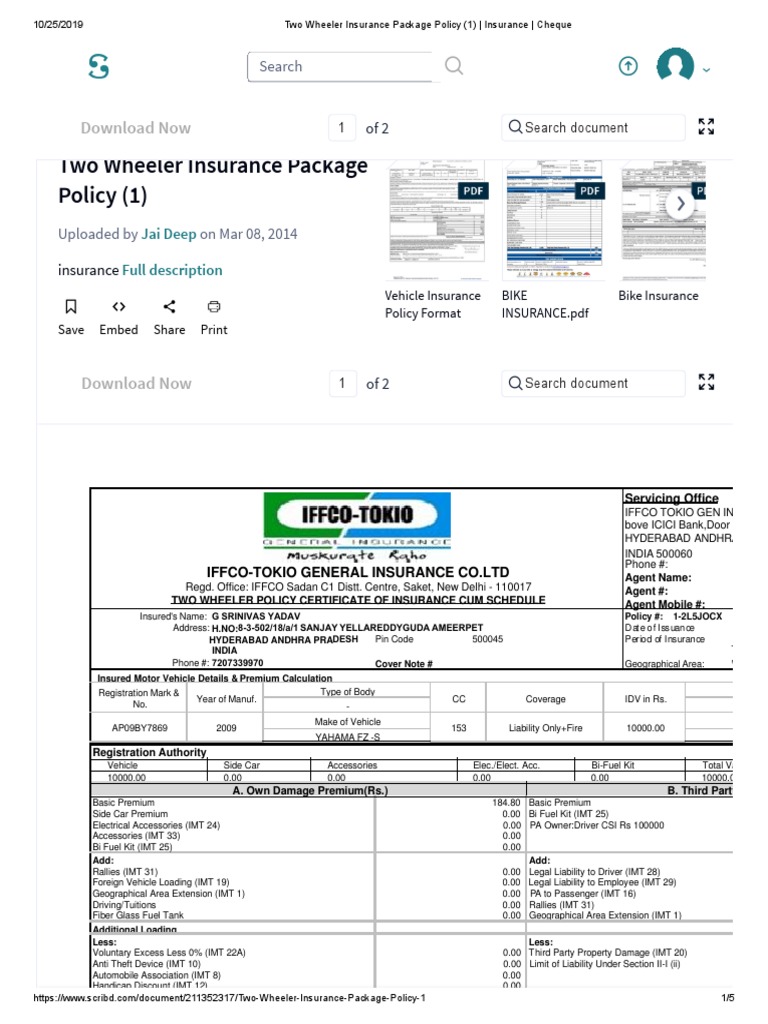 Two Wheeler Insurance Package Policy (1) - Insurance - Cheque | PDF ...