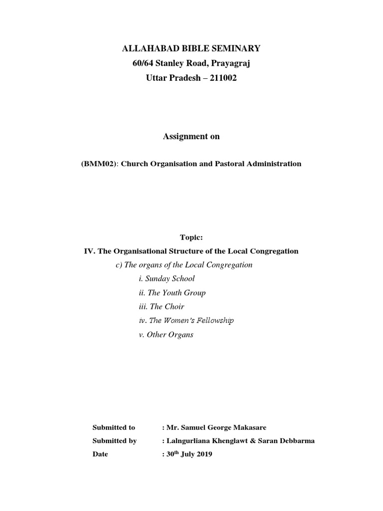 Organisational Structure of Local Congregation | PDF | Sunday School ...
