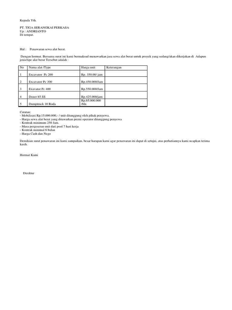 Penawaran Sewa Alat Berat Terbaik | PDF | Bisnis | Griya & Taman