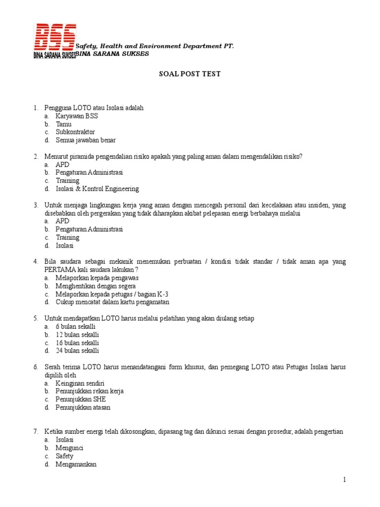 Post Test Pelatihan LOTO BSS | PDF