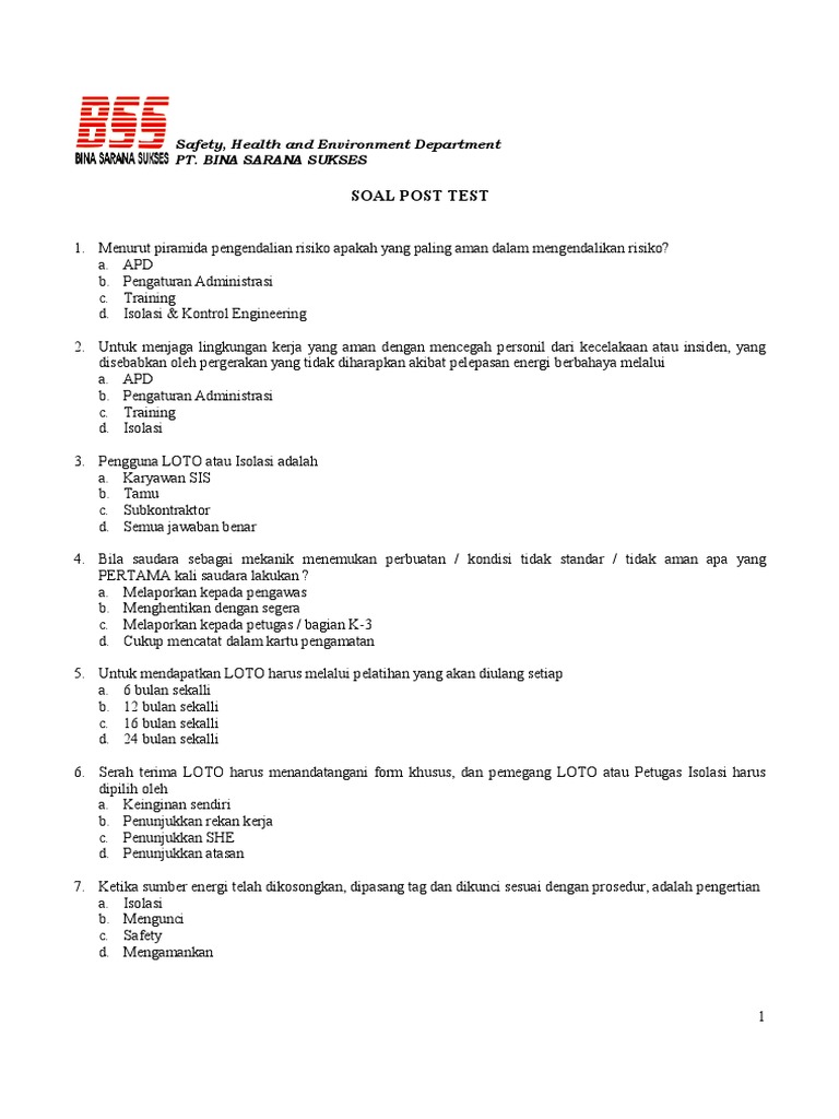 Post Test Pelatihan LOTO | PDF