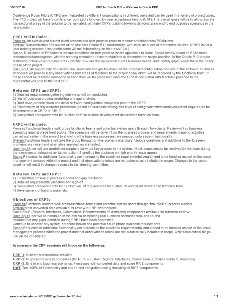 CRP For Oracle R12 - Welcome To Oracle ERP | PDF | Business Process ...