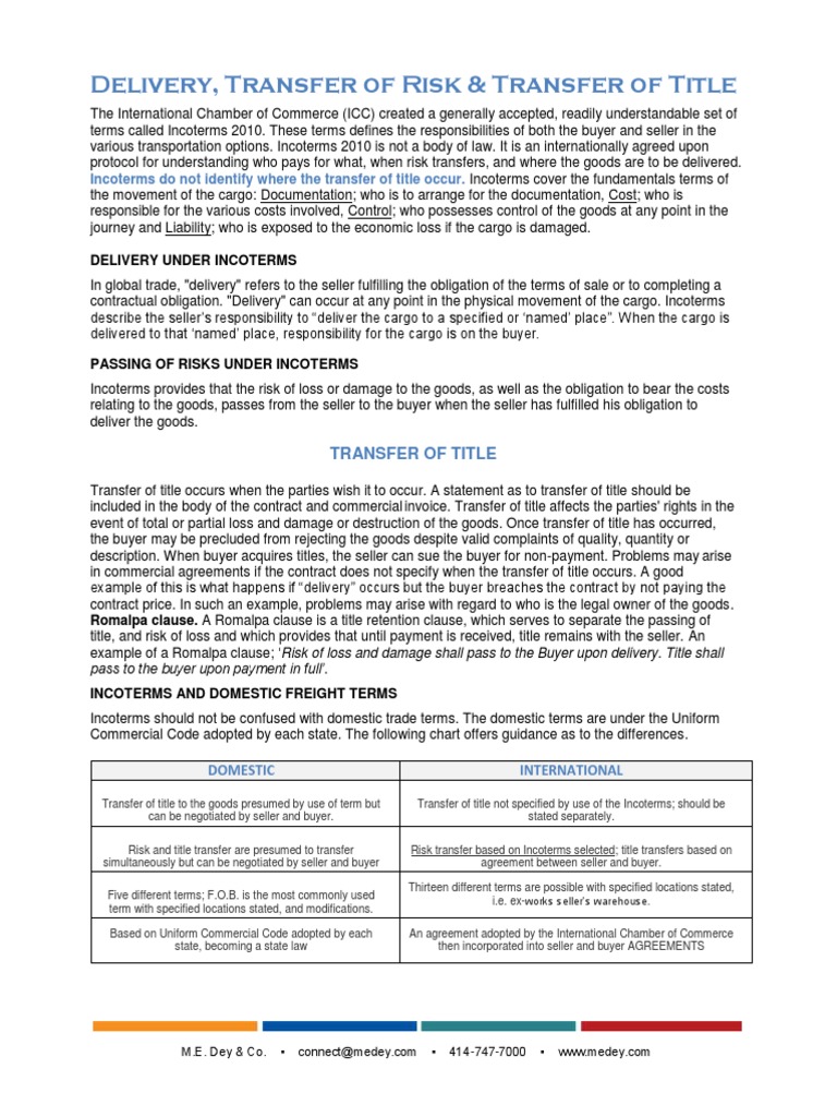 Incoterms: Risk and Title Transfer Explained | PDF | Private Law ...