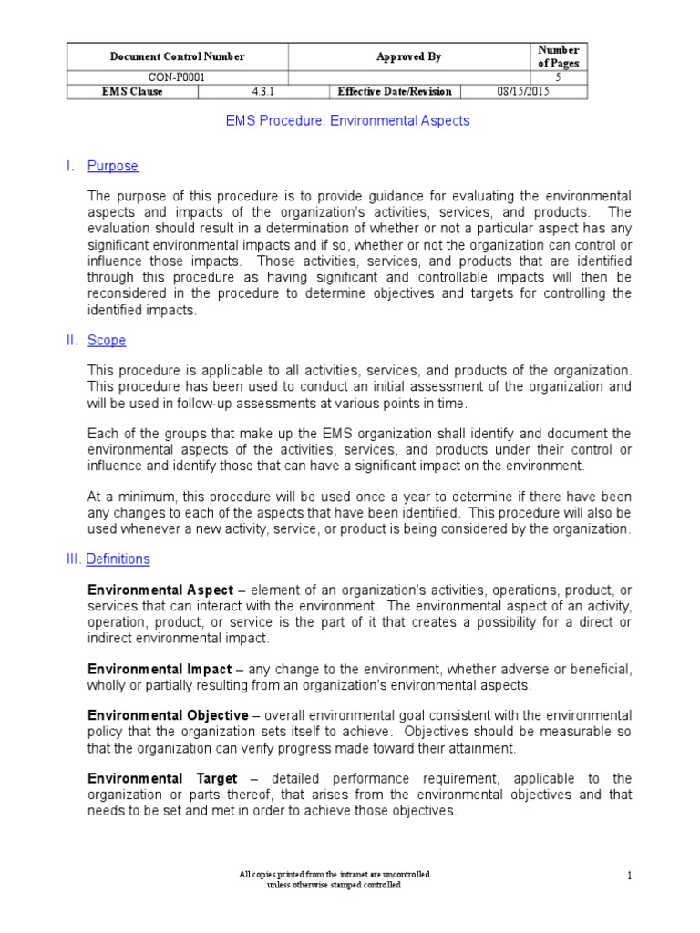 CON-P0001 EMS Procedure-Environmental Aspects With Templates | PDF ...